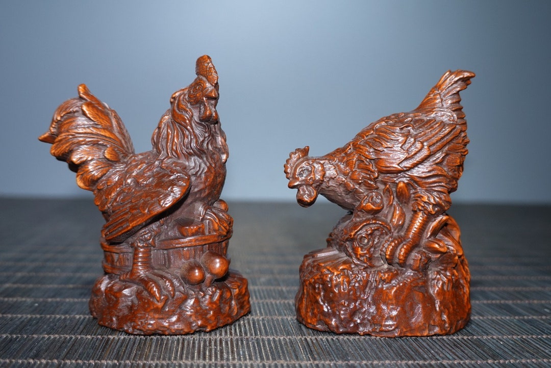 Chinese Hand Carved Boxwood Rooster and Hen Statue Decorations ...