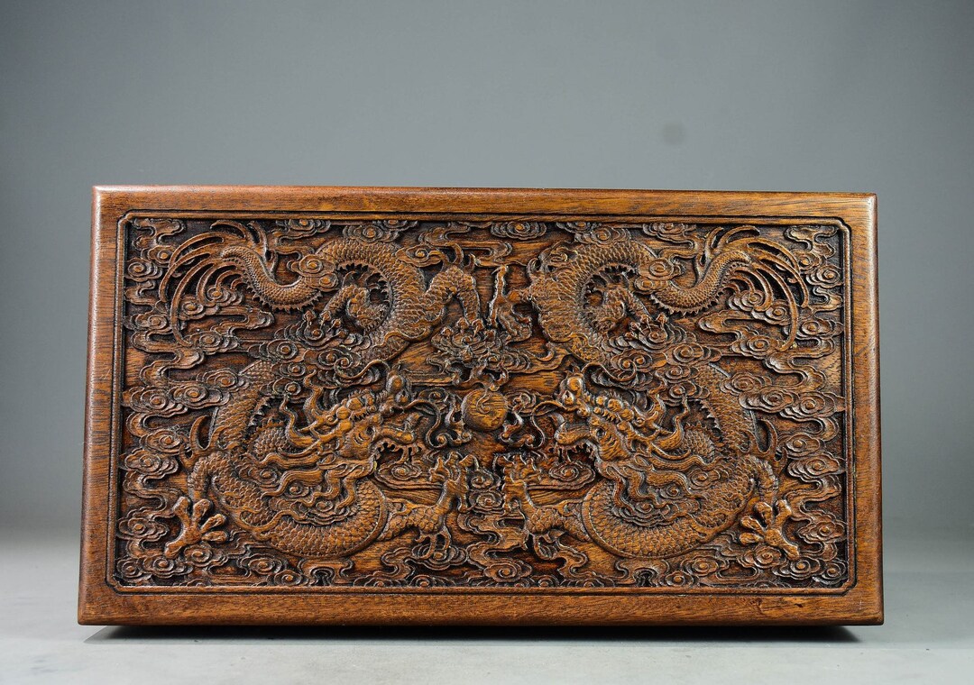 Chinese Antique Pure Hand Carved Rosewood Double Dragons Pattern ...