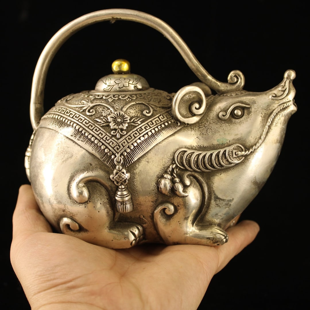 Chinese Antique Pure Copper Rat Statue Teapot Wine Pot,pure Hand Carved ...