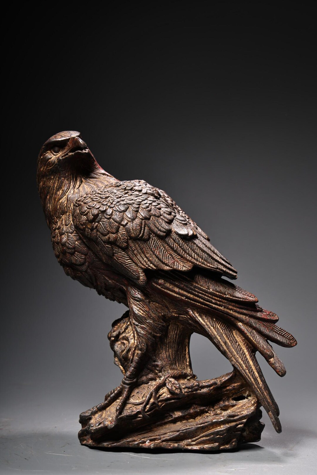 Chinese Antique Handmade Carved Pure Copper Mud Gold High Relief Eagle ...