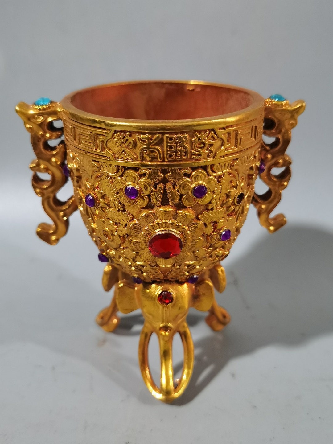 Chinese Pure Hand-carved Pure Copper Gilt Inlaid Gems Dragon Pattern ...