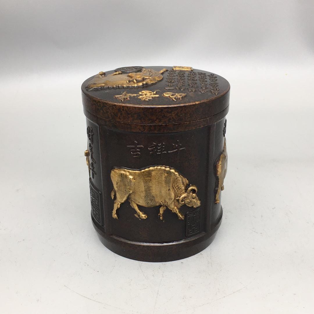 Chinese Antique Pure Copper Gilt Cattle Statue Lid Jar,storage Jar,tea ...