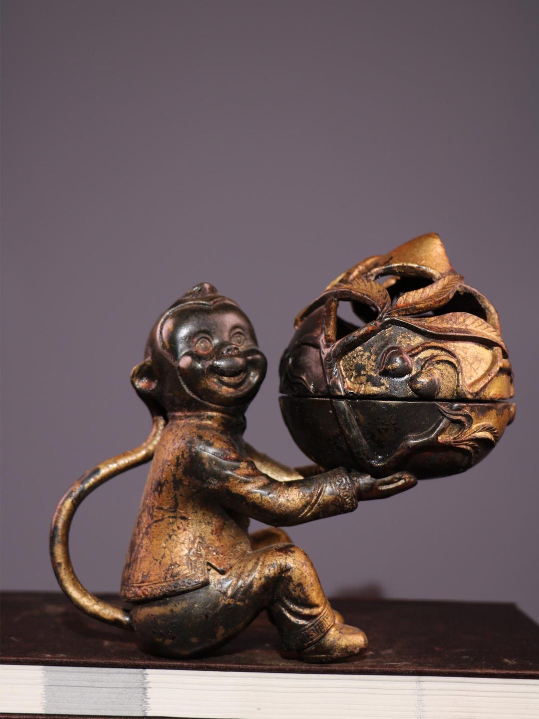 Chinese Antique Hand Carved Pure Copper Mud Gold Monkey and Peach ...