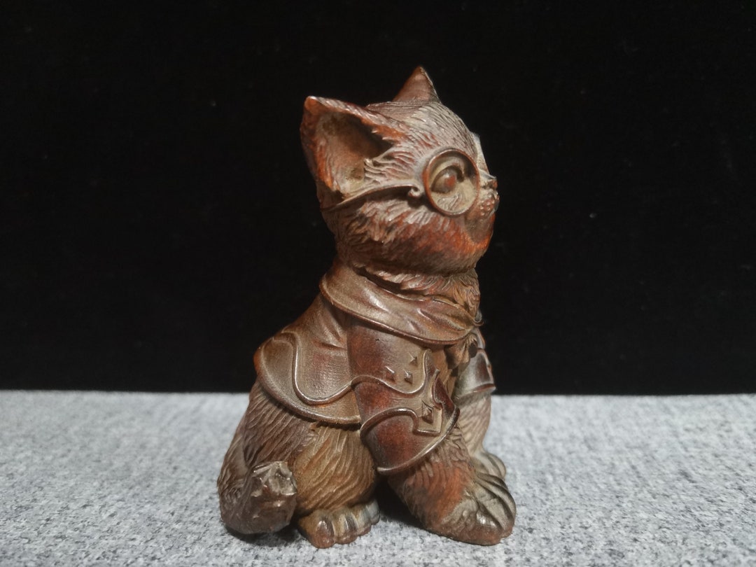 Chinese Ancient Natural Boxwood Cute Cat Statue Ornaments,pure Hand ...