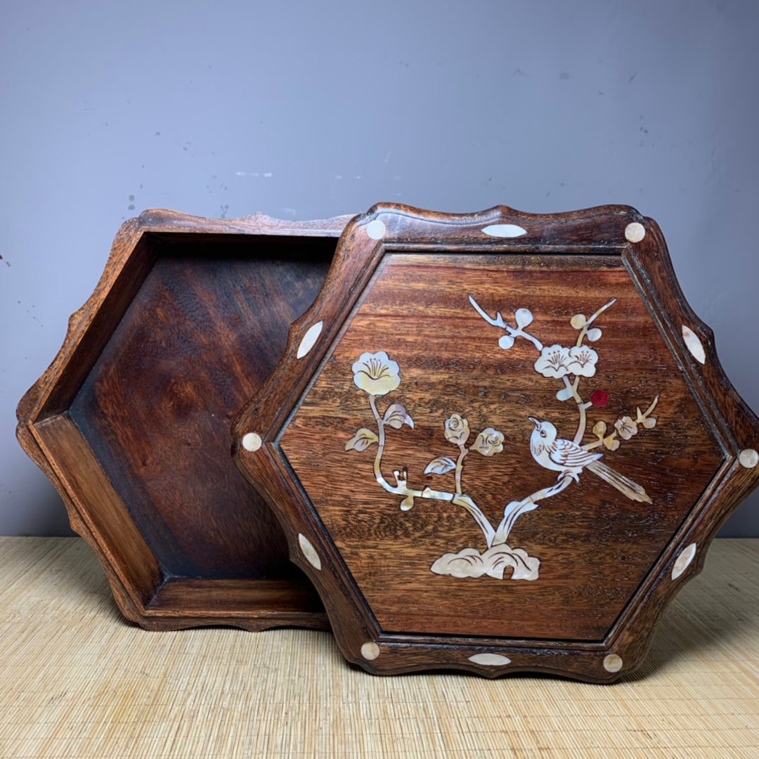 Chinese Pure Hand-carved Rosewood Flower and Bird Pattern Hexagonal ...