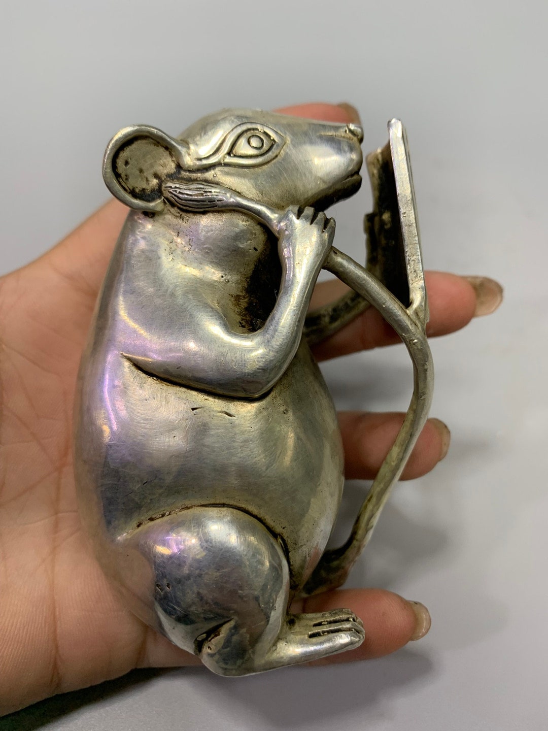 Chinese Antique Tibetan Silver Little Mouse Reading Statue, Pure Hand ...