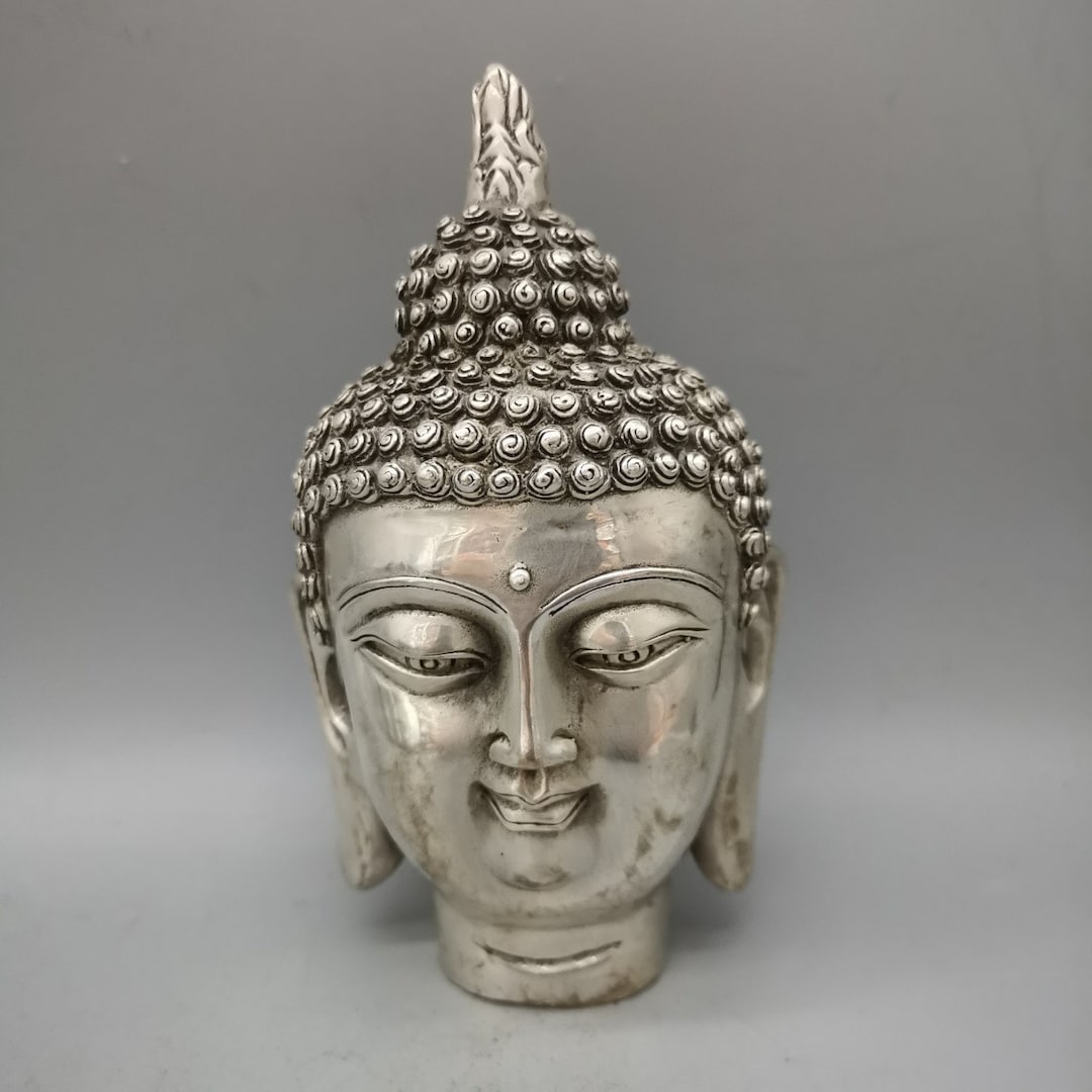 Chinese Pure Hand Carved White Copper Buddha Head Ornaments Statue ...