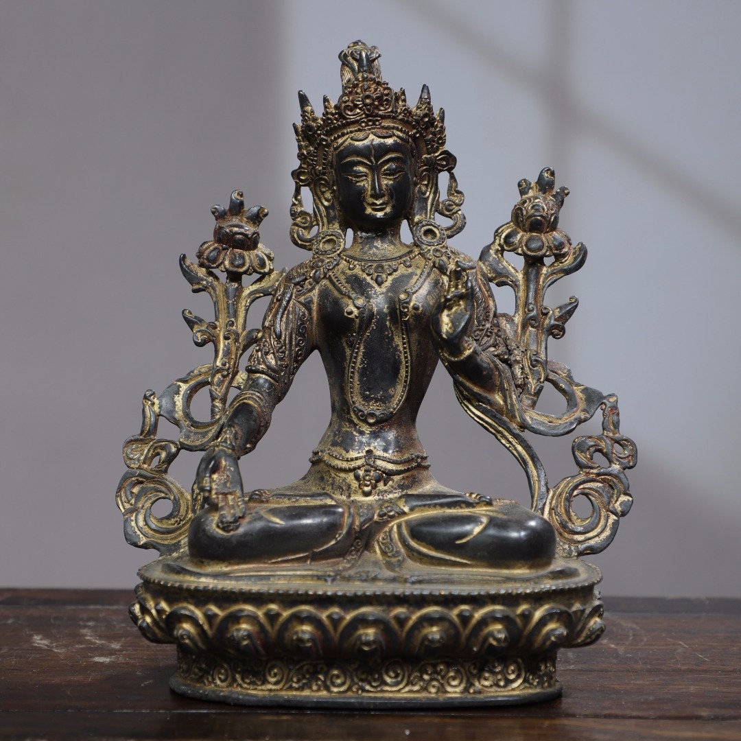 Chinese Antique Pure Hand Carved Pure Copper White Tara Buddha Statue ...