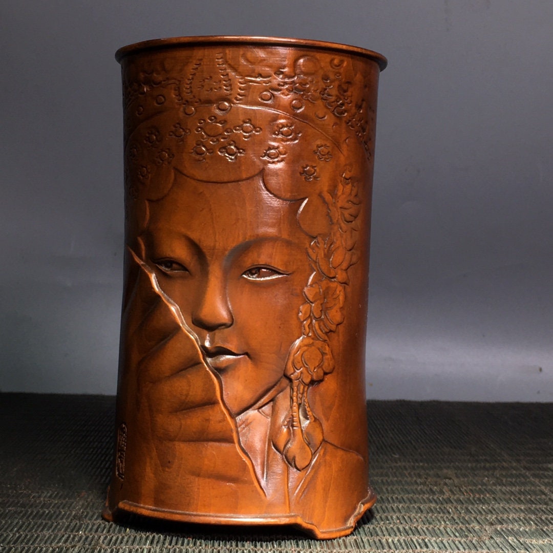 Chinese Pure Hand-carved Natural Boxwood Beauty Pattern Pen Holder,vase ...