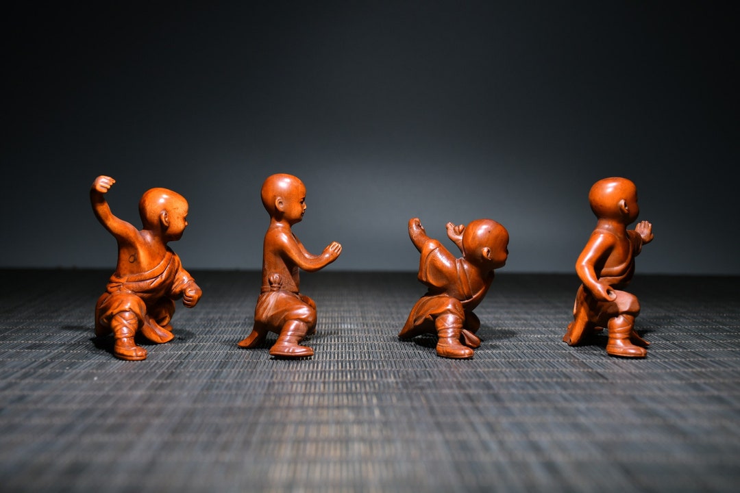 Chinese Pure Hand-carved Natural Boxwood Kung Fu Little Monk Statue ...