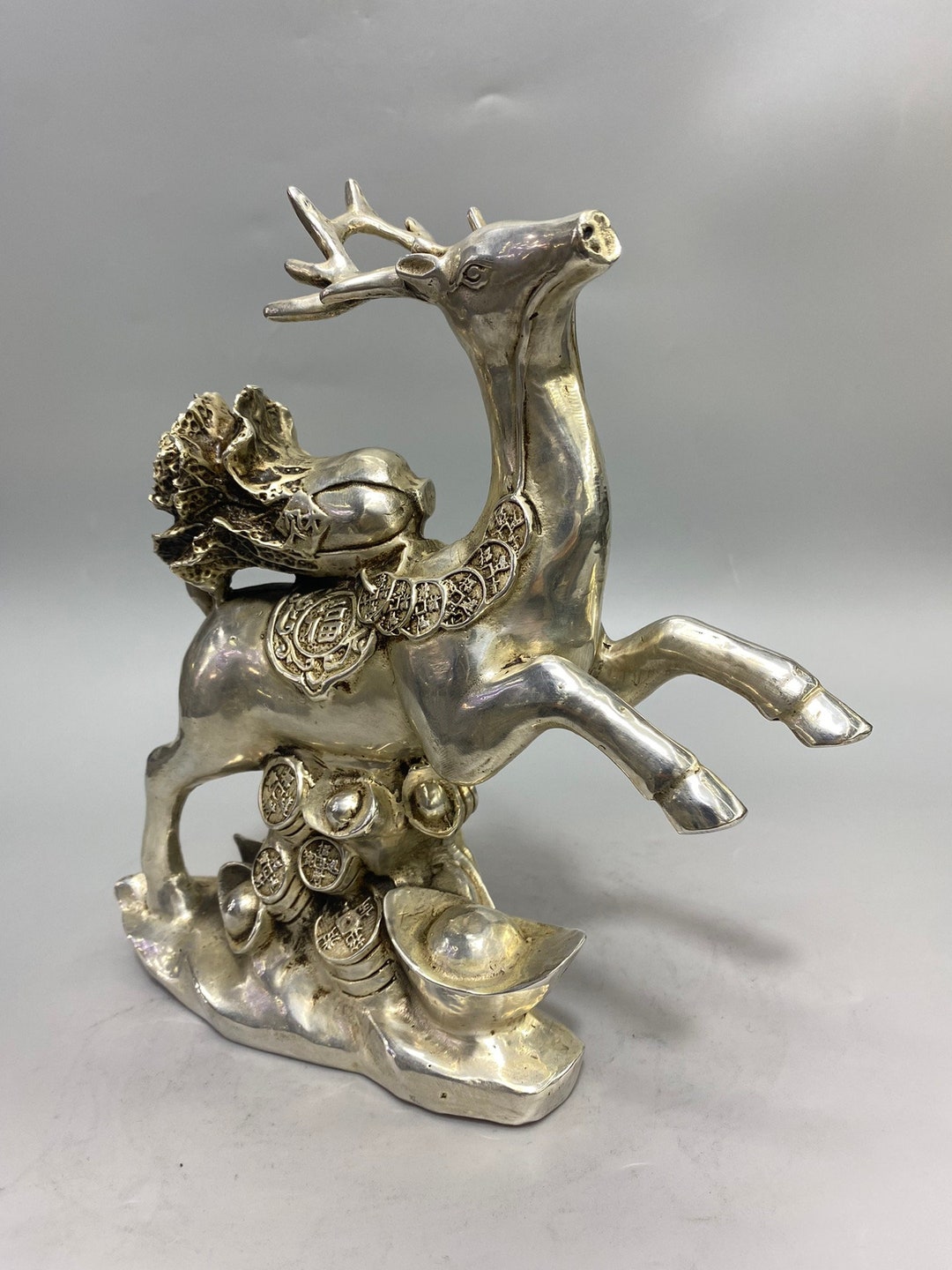 Chinese Antique White Copper Handcrafted Deer Statue Ornaments,home ...