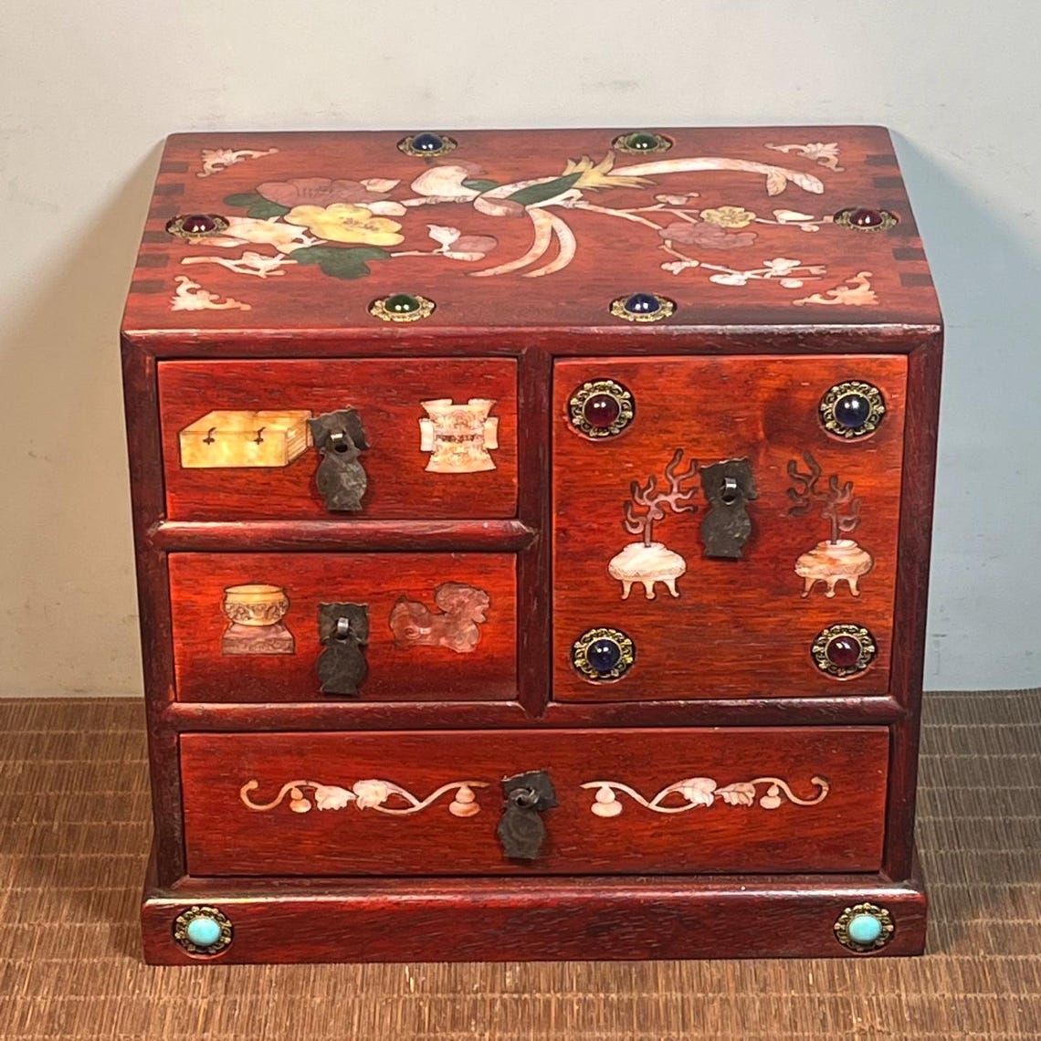 Chinese Pure Hand-carved Natural Rosewood Inlaid Gems Drawer Cabinet ...