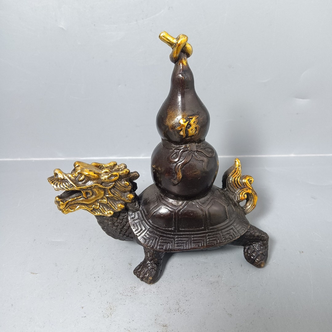 Chinese Antique Pure Copper Gilt Dragon Turtle Fulu Statue Ornament ...