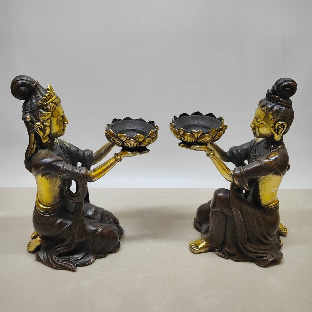 Chinese Hand Carved Pure Copper Brass Beauty Statue Candlestick ...