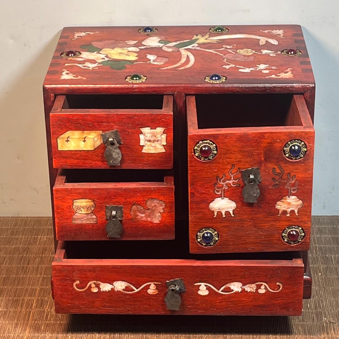 Chinese Pure Hand-carved Natural Rosewood Inlaid Gems Drawer Cabinet ...