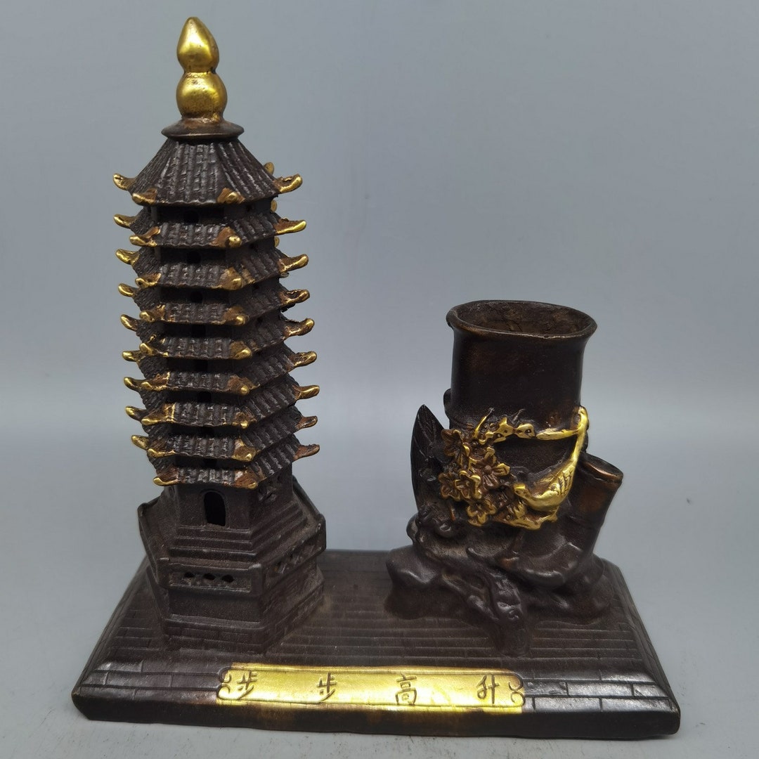 Chinese Antique Bronze Hand-carved Pagoda Statue Pen Container Ornament ...