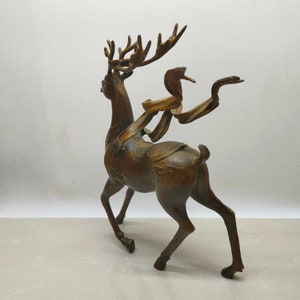 Chinese Pure Hand Carved Pure Copper Brass Lucky Deer Statue Ornaments ...