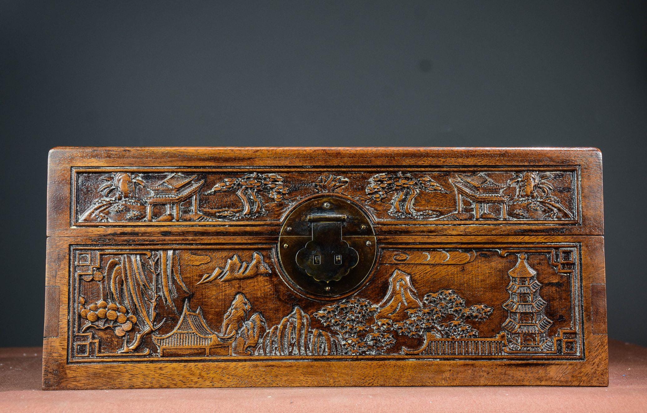 Chinese Antique Hand Carved Rosewood Landscape Pavilion Pattern Jewelry ...
