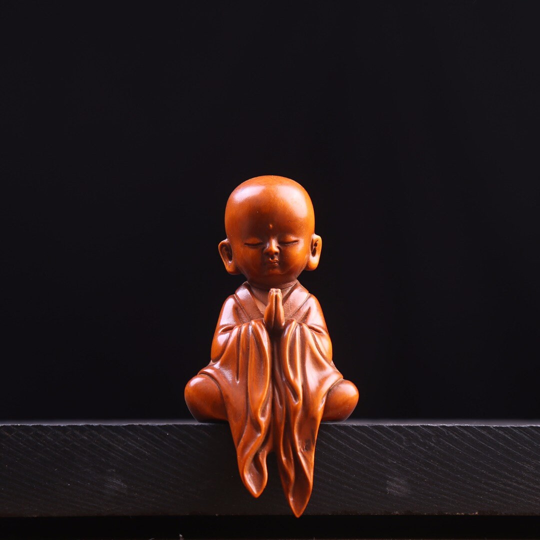 Chinese Natural Boxwood Little Monk Statue Ornaments is Pure Hand ...