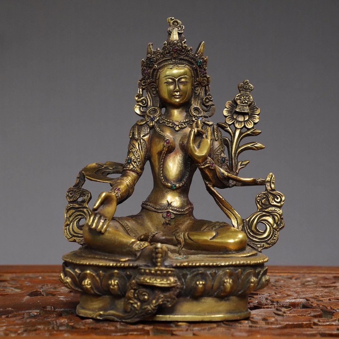 Chinese Antique Pure Copper Inlaid Gems Hand Carved Green Tara Buddha ...