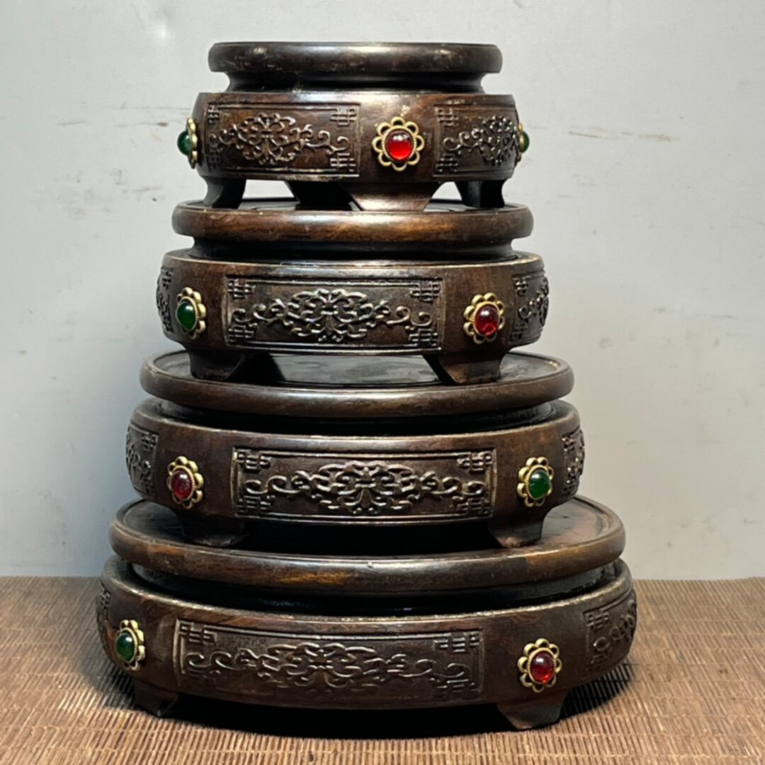 A Set of Chinese Pure Hand-carved Rosewood Round Vase Base Flower ...