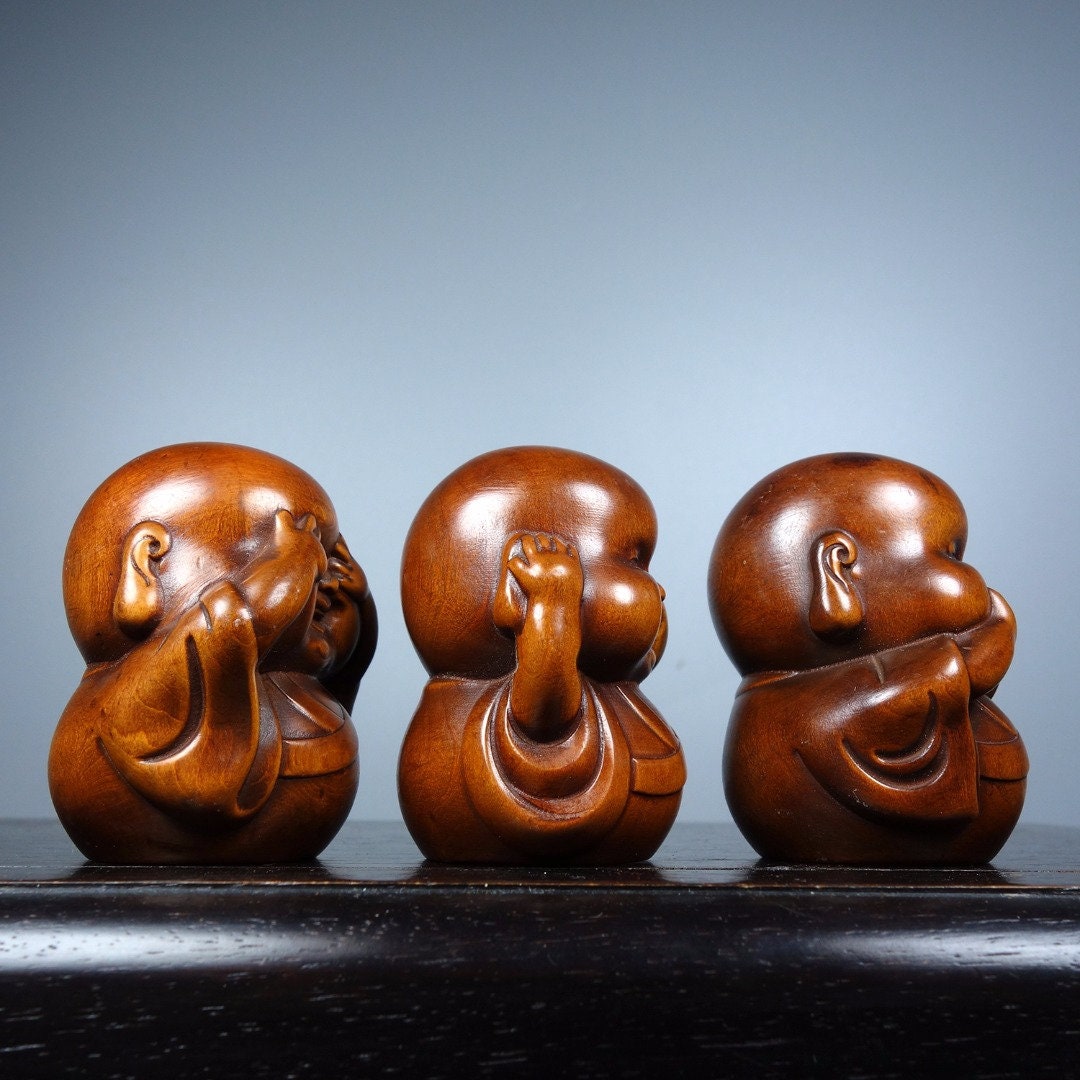 Chinese Antique Pure Hand-carved Boxwood San Bu Xiao Monk Statue ...