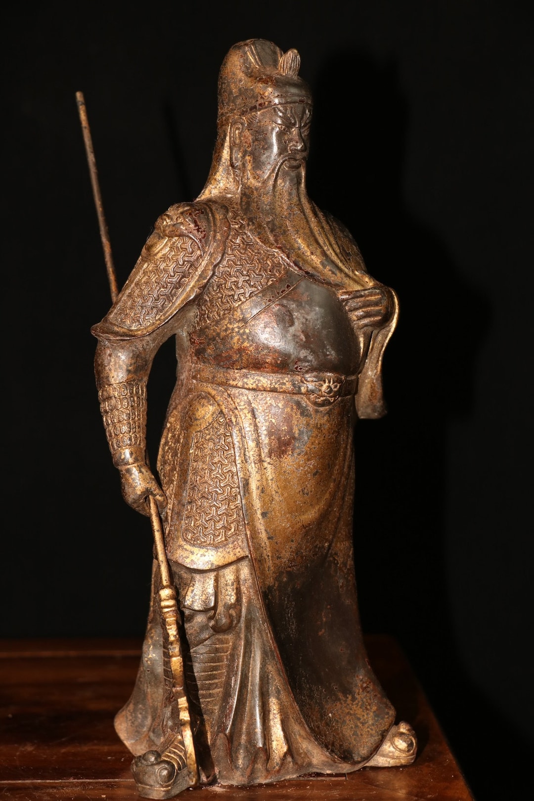 Chinese Antique Handmade Large Pure Copper Mud Gold Guangong Statue ...