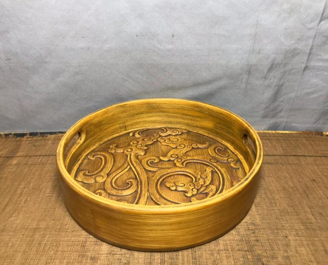 Chinese Pure Hand Carved Bamboo Carving Circular Tea Tray Fruit Tray ...