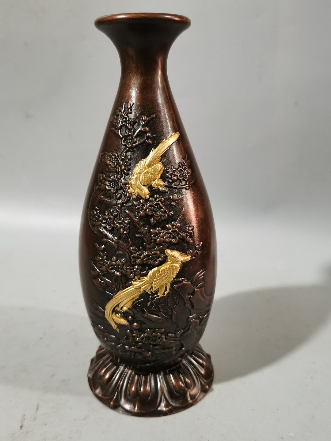 Chinese Antique Pure Copper Red Copper Gilt Hand Carved Flower and Bird ...