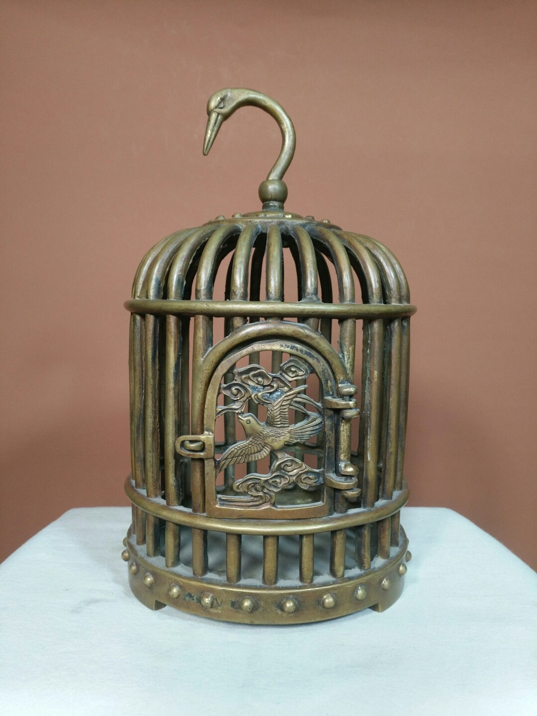 Chinese Pure Hand Carved Copper Brass Bird Cage Pet Cage Home ...