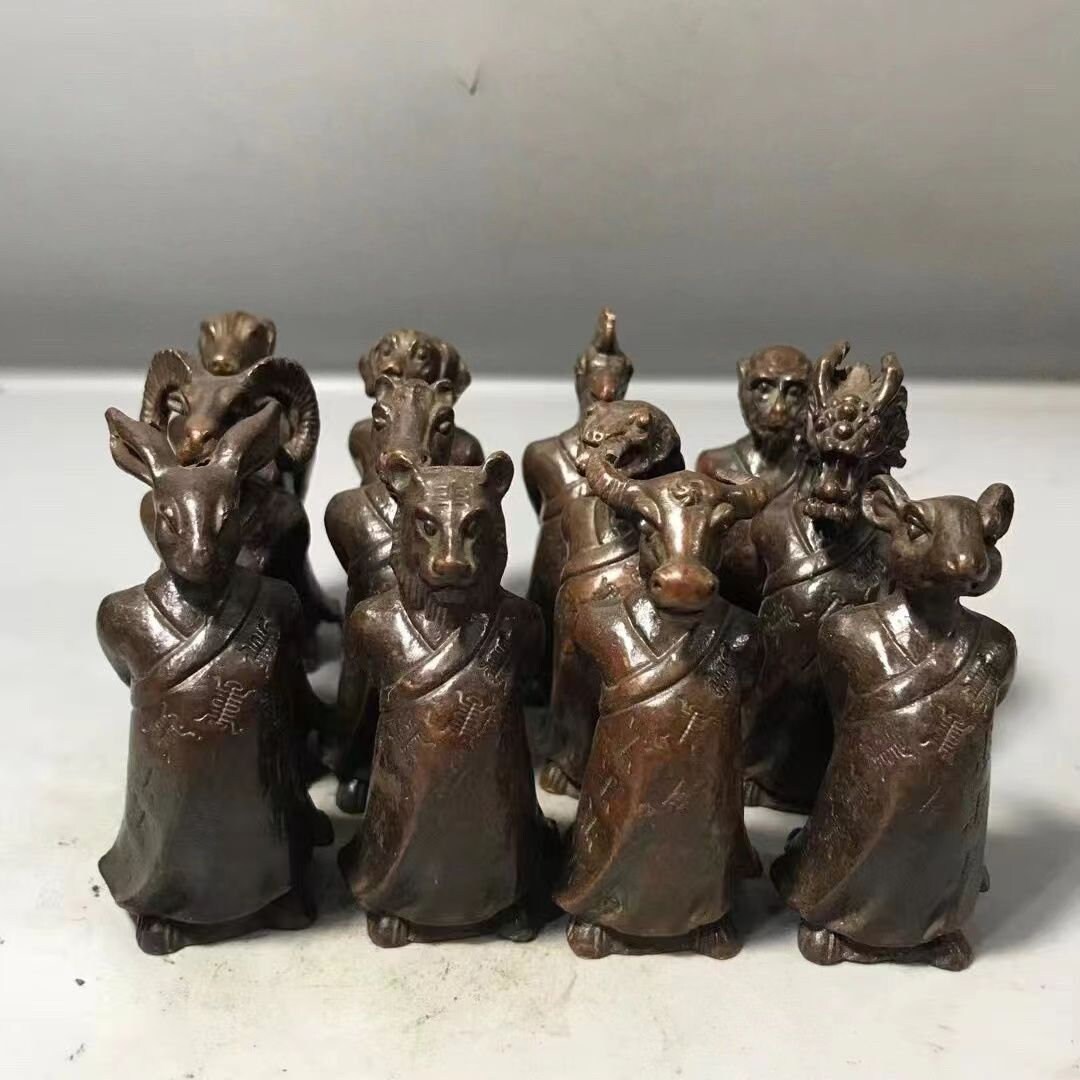 A Set of Chinese Antique Pure Copper Bronze Hand Carved Twelve Zodiac ...