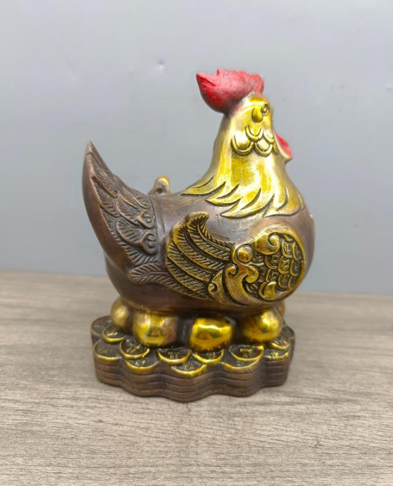 Chinese Antique Pure Hand Carved Pure Copper Gilt Yuanbao Hen Statue ...