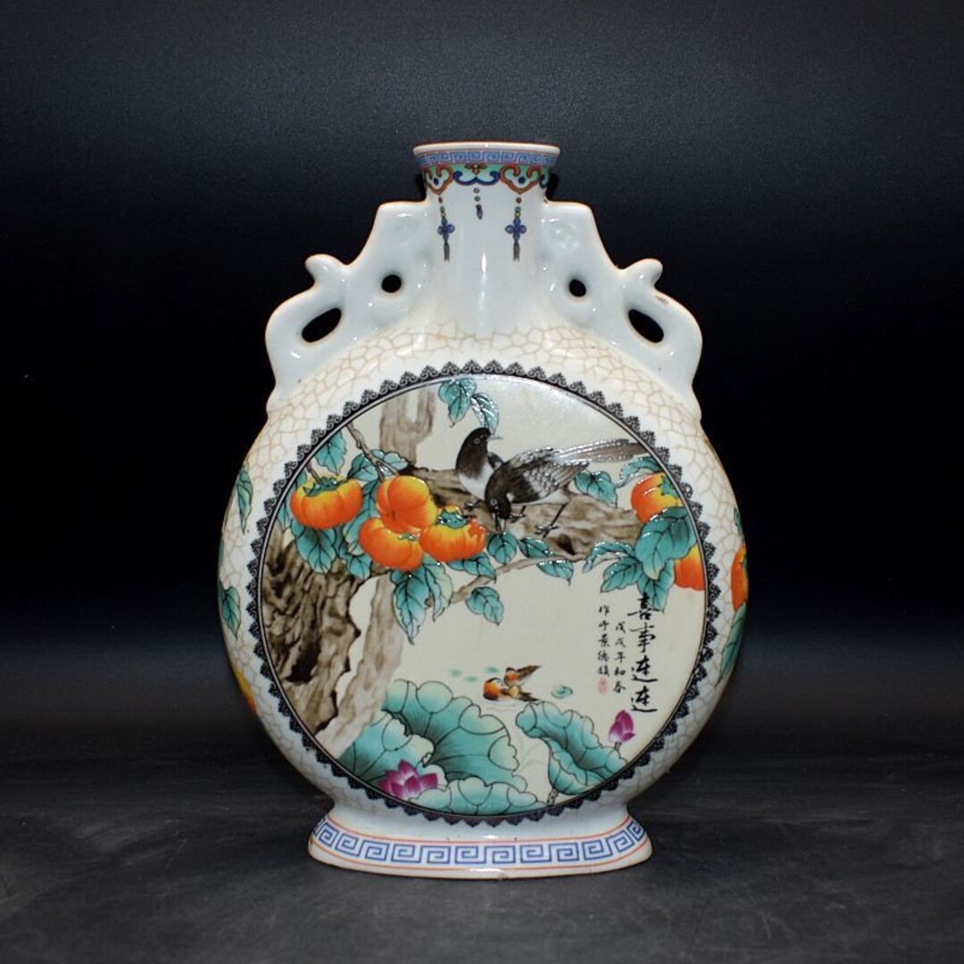 Ceramic Pastel Color Porcelain Flower and Bird Pattern Double Ear Vase ...