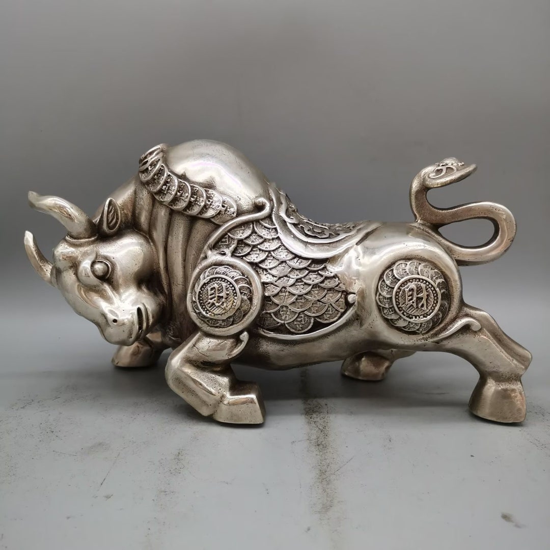 Chinese Handmade Carved Pure Copper Silver Plated Caifu Cattle Statue ...