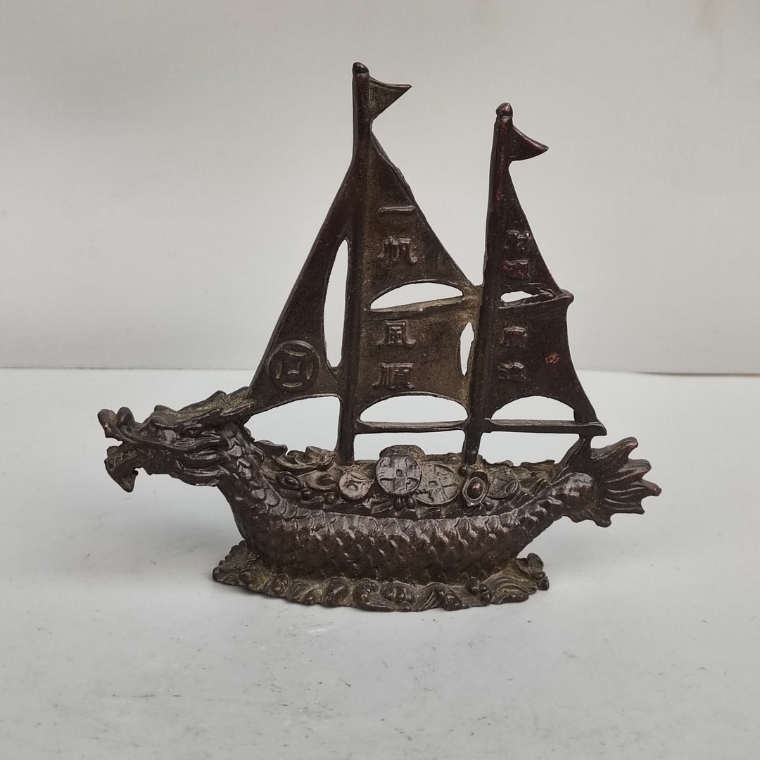 Chinese Antique Pure Hand Carved Bronze Small Dragon Boat Statue ...