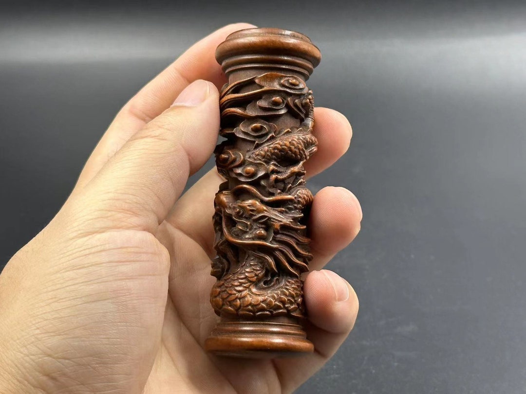 Chinese Antique Natural Boxwood Dragon Column Small Ornament,pure Hand ...