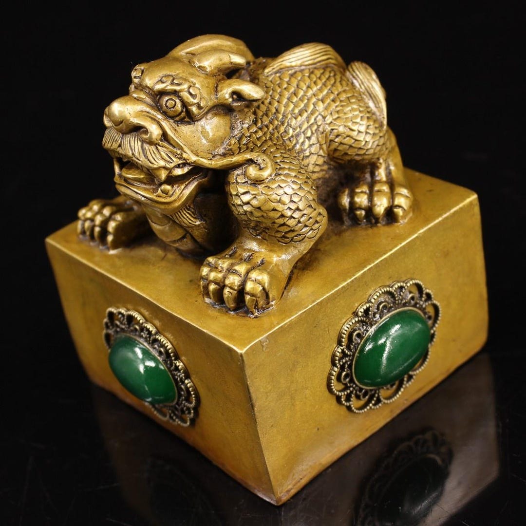 Chinese Antique Handmade Carved Pure Copper Inlaid Gems Auspicious ...