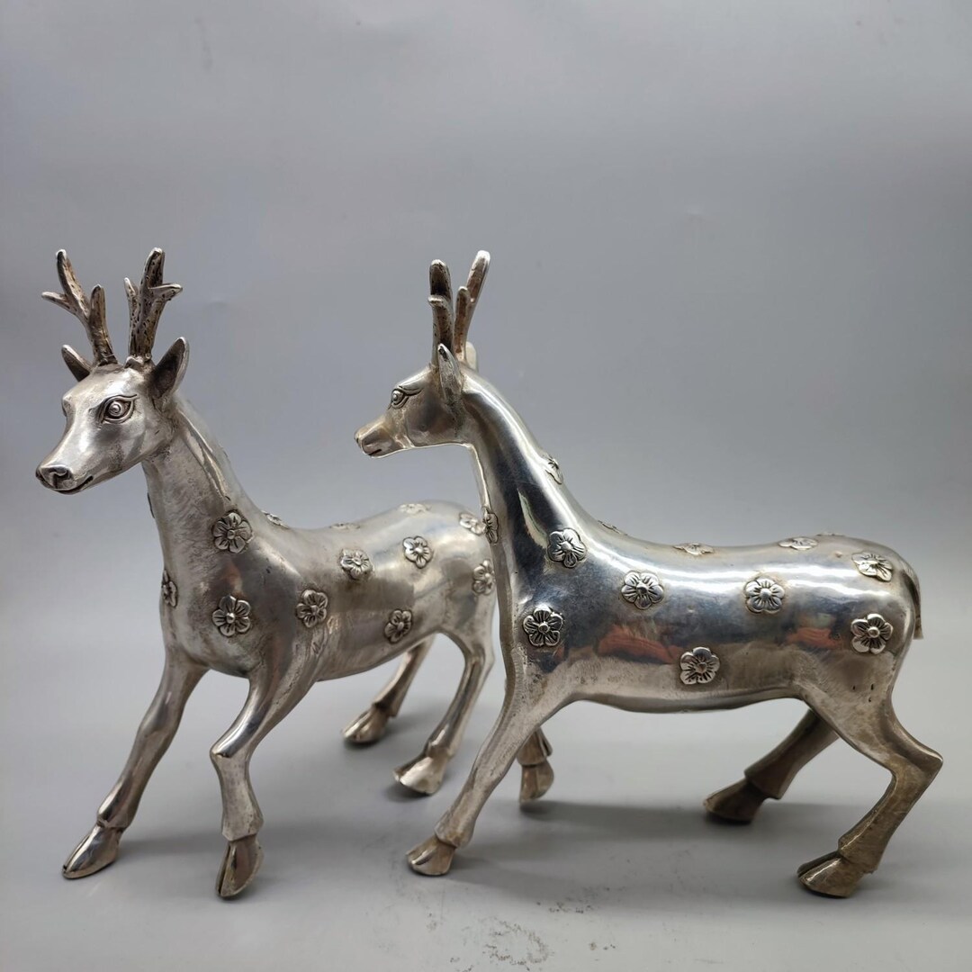 Chinese Antique White Copper Handcrafted Deer Statue Ornaments a Pair ...