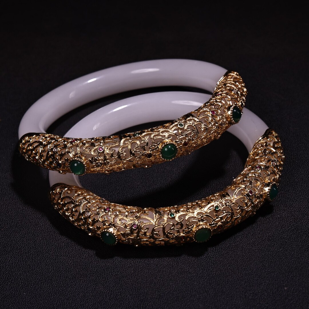 A Pair of Chinese Pure Hand-carved Exquisite White Ice Jade Inlay ...