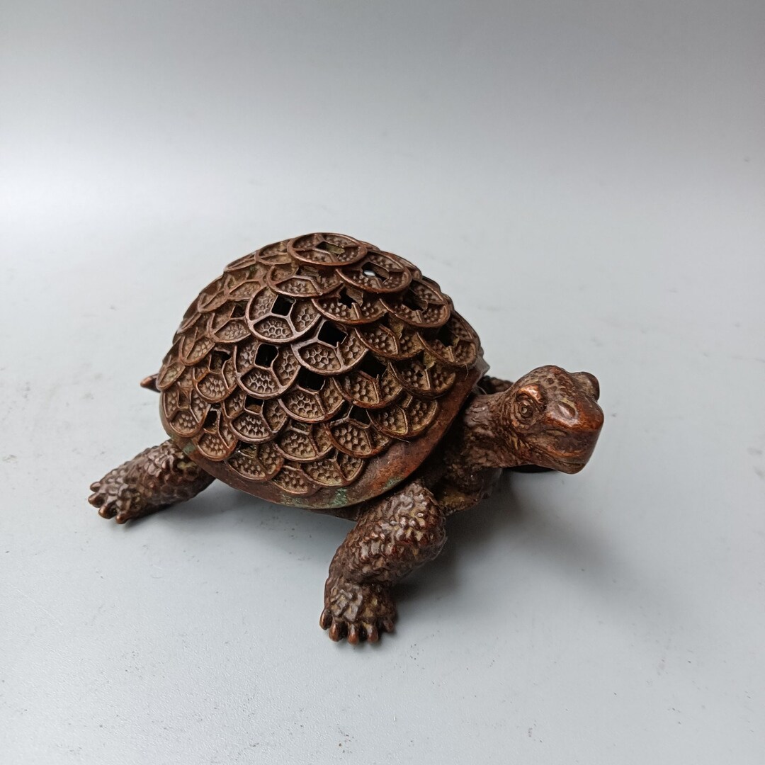 Chinese Antique Hand Carved Pure Copper Yuanbao Turtle Statue Hollow ...