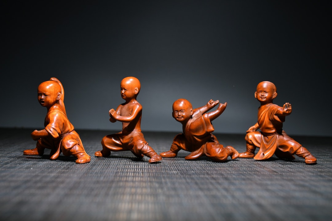 Chinese Antique Natural Boxwood Kung Fu Little Monk Statue a Set ...