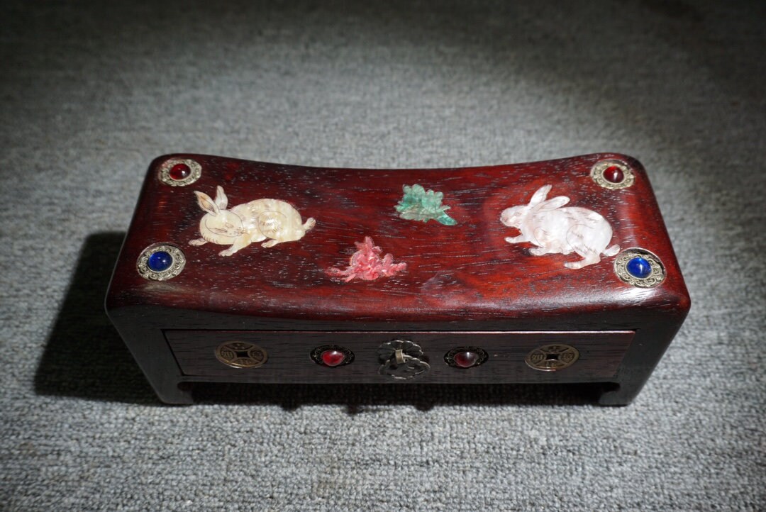 Chinese Pure Hand-carved Natural Rosewood Inlay Cute Rabbit Pattern and ...