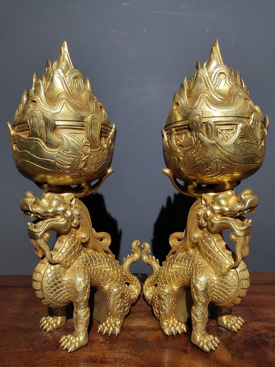 Chinese Antique Hand Carved Pure Copper Gilt Auspicious Beast Statue ...