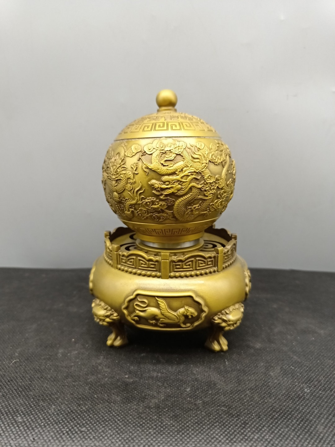 Chinese Antique Pure Copper Hand Carved Dragon Pattern Rotate ...