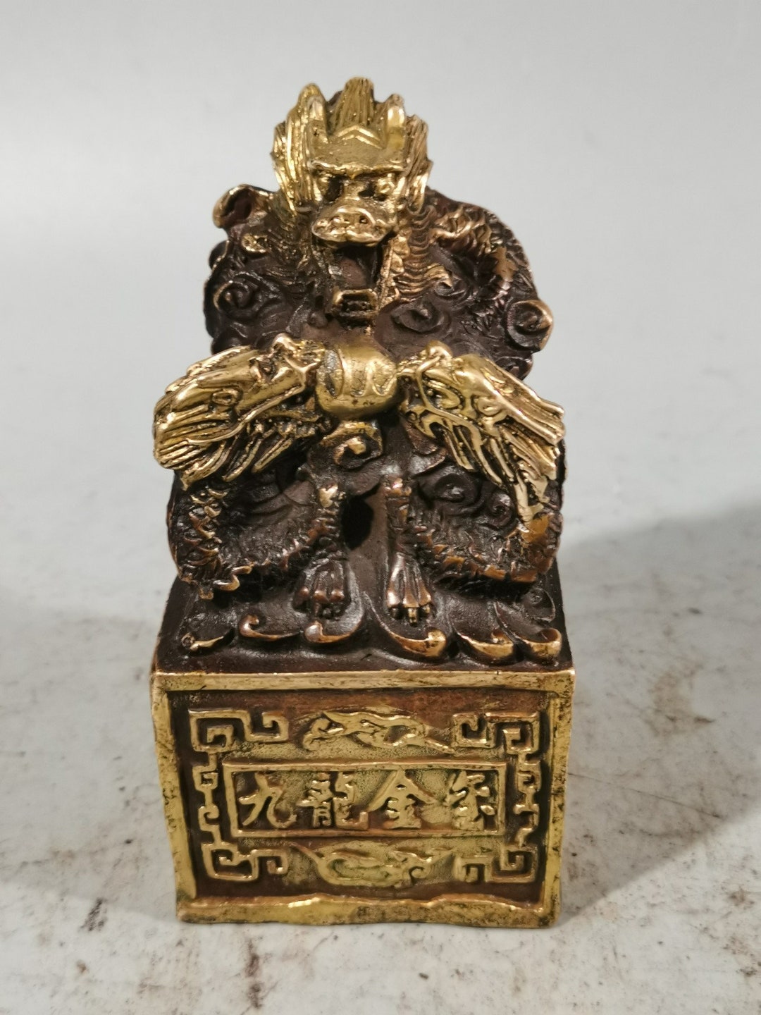 Chinese Antique Pure Copper Gilding Dragon Seal Statue Hand Carvings ...