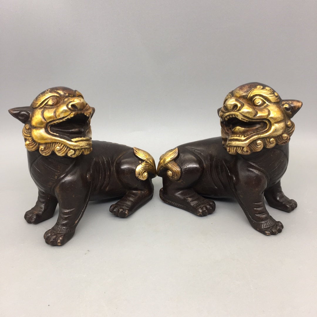 Chinese Pure Hand Carved Pure Copper Gilt Auspicious Lion Statue a Pair ...