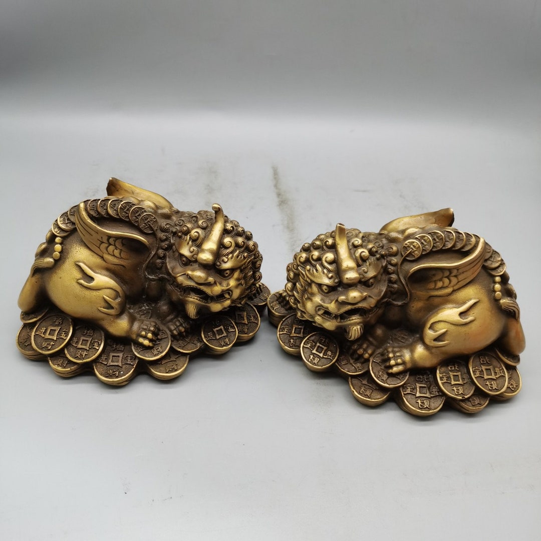 Chinese Statue Hand-carved Pure Copper Brass Pixiu Ruyi Beast Ornaments ...