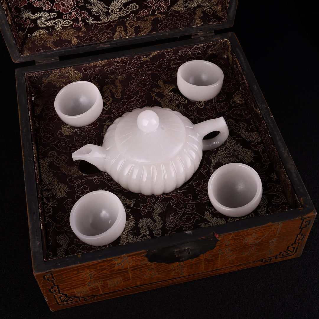 A Set of Chinese Pure Handmade Statues and White Jade Tea Sets and ...