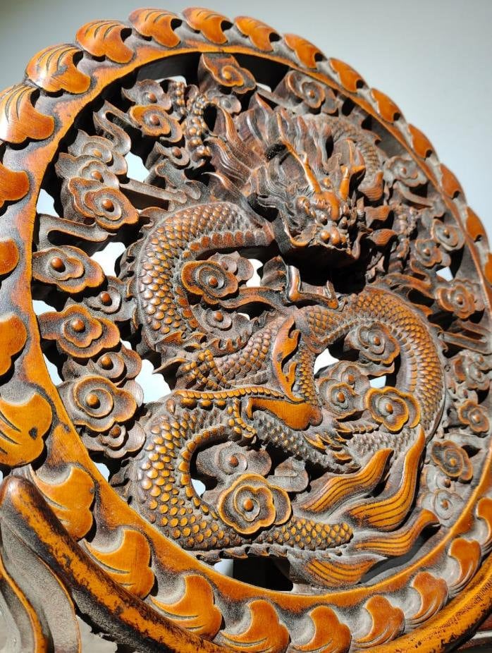 Ancient Chinese Boxwood Dragon Statue Screen - Etsy