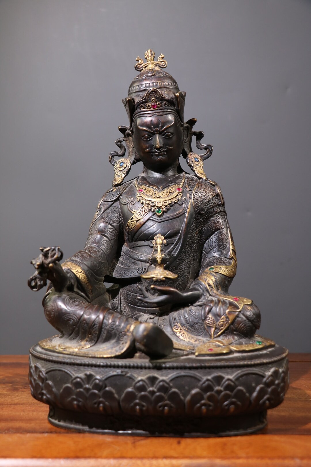 Chinese Antique Hand Carved Large Pure Copper Gilt Inlaid Gems Buddha ...
